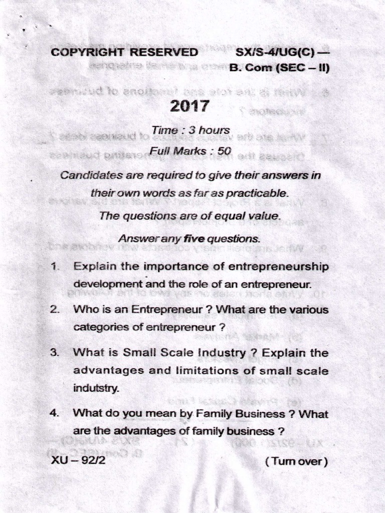 2017 BCom Sem4 Paper 2 | PDF | Entrepreneurship | Small Business