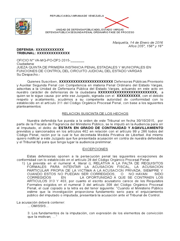 Escrito de Exepciones | PDF | Procedimiento Criminal | Derecho penal