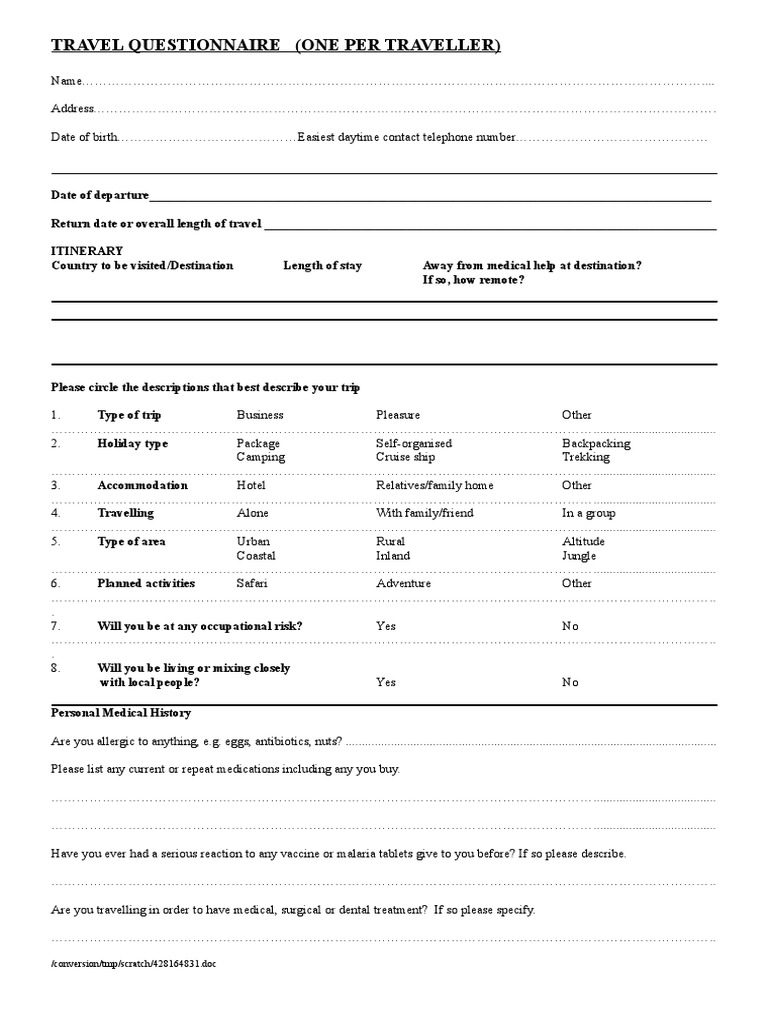 Travel Questionnaire for Medical Assessment | PDF | Vaccines | Rtt