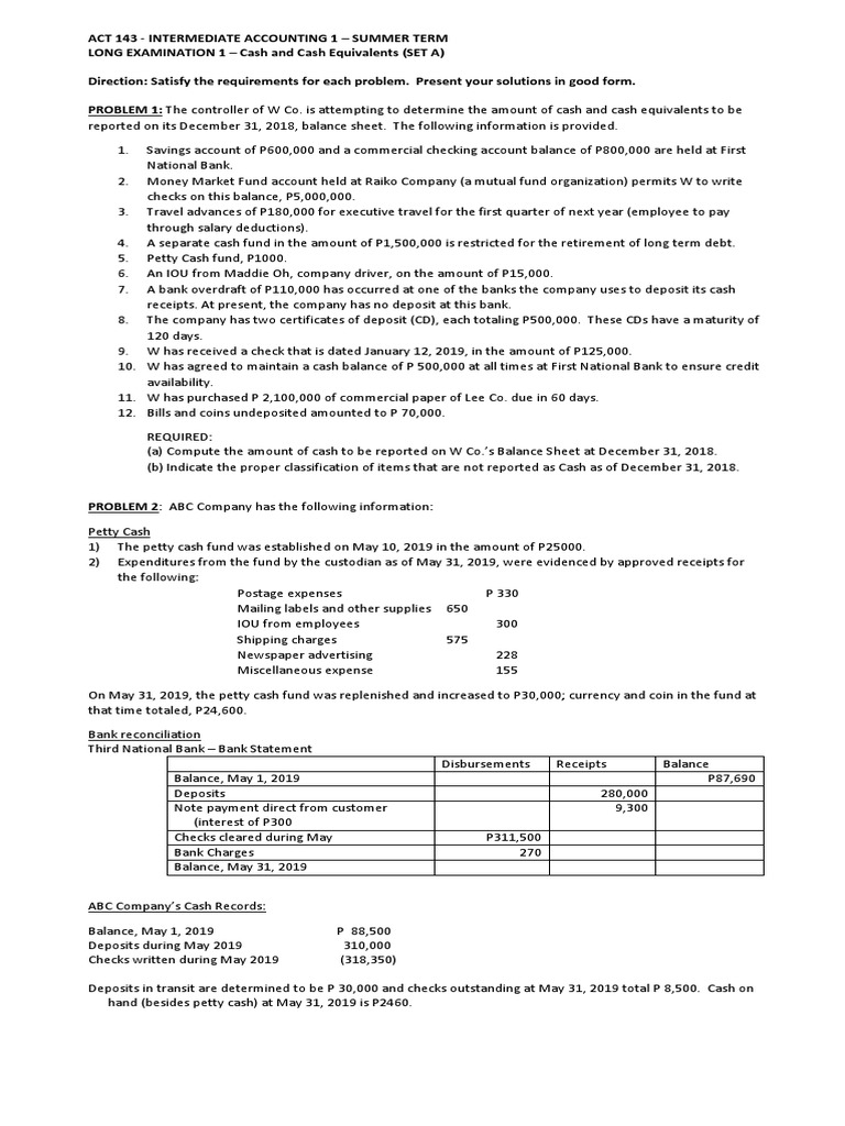 Long Examination Cash Set A | PDF | Debits And Credits | Deposit Account