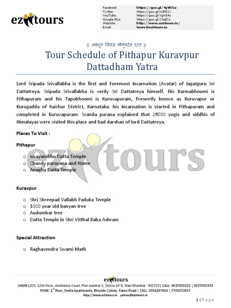 Tour Schedule of Pithapur Kuravpur Dattadham Yatra: Places To Visit ...
