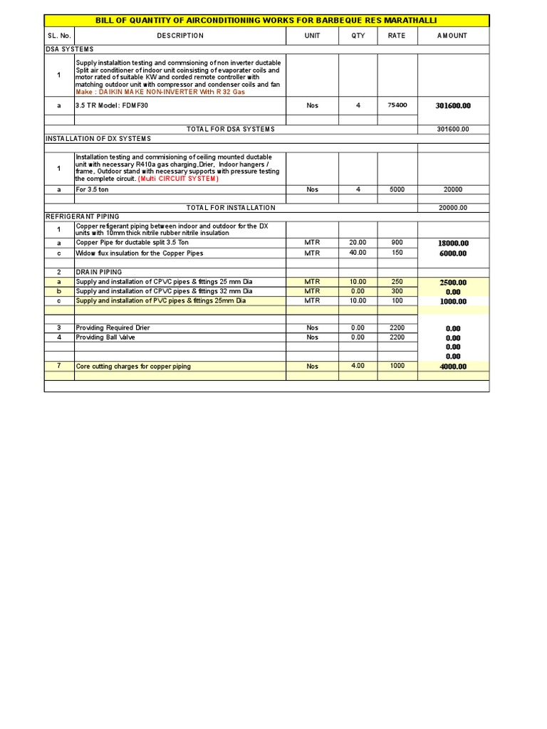 Daikin Ducted AC BOQ - Barbeque Marathalli Entrance | PDF | Duct (Flow ...