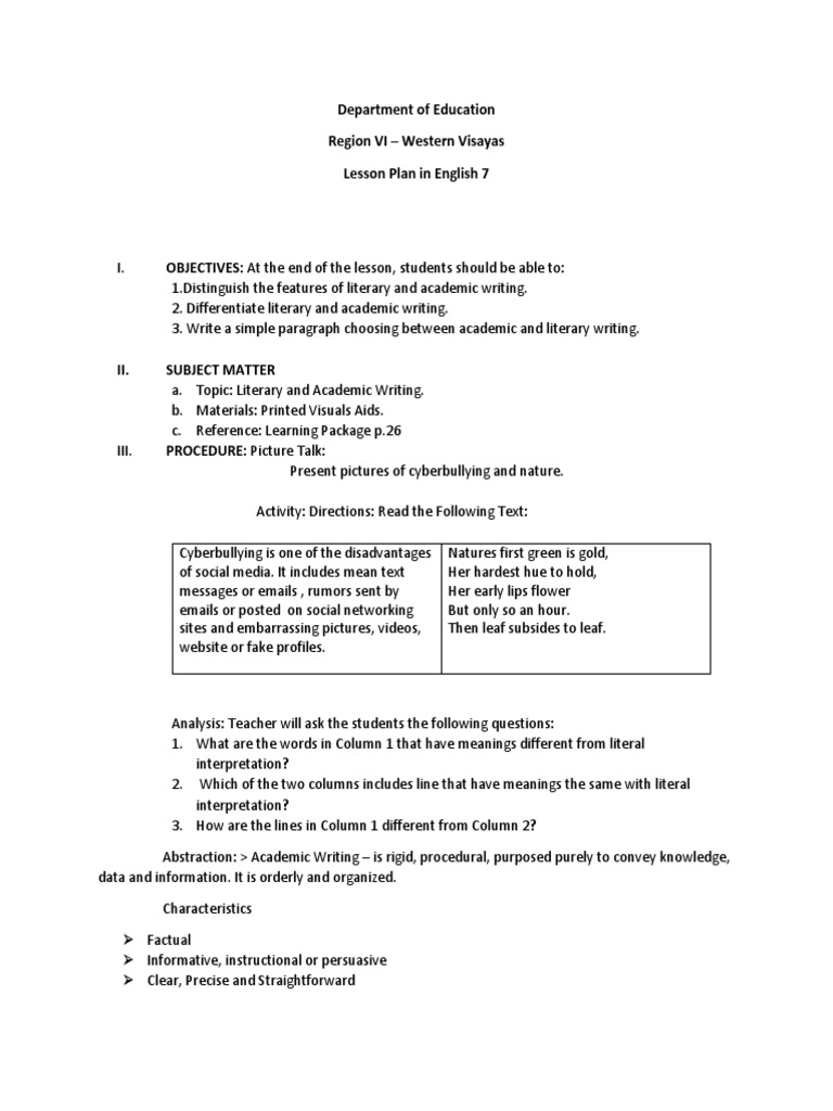 Lesson Plan in English 7 | PDF | Cyberbullying | Lesson Plan