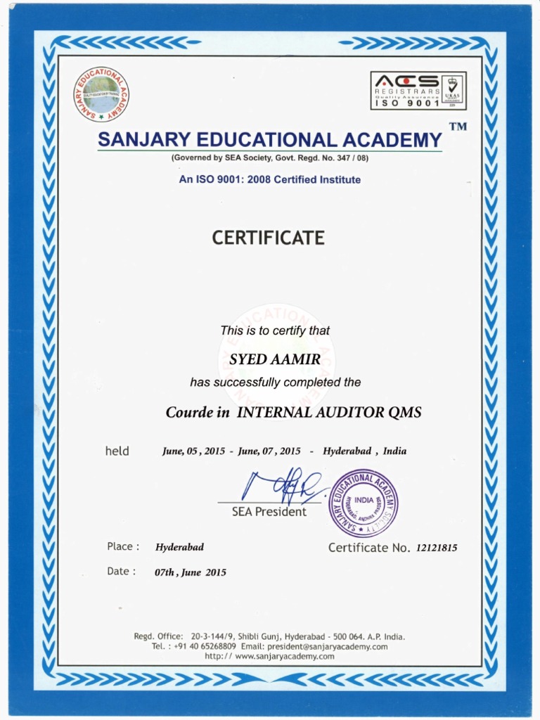 Internal Auditor Certificate PDF | PDF