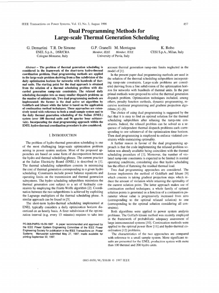 Dual Programming Methods Large-Scale Thermal Generation Scheduling | PDF | Mathematical ...