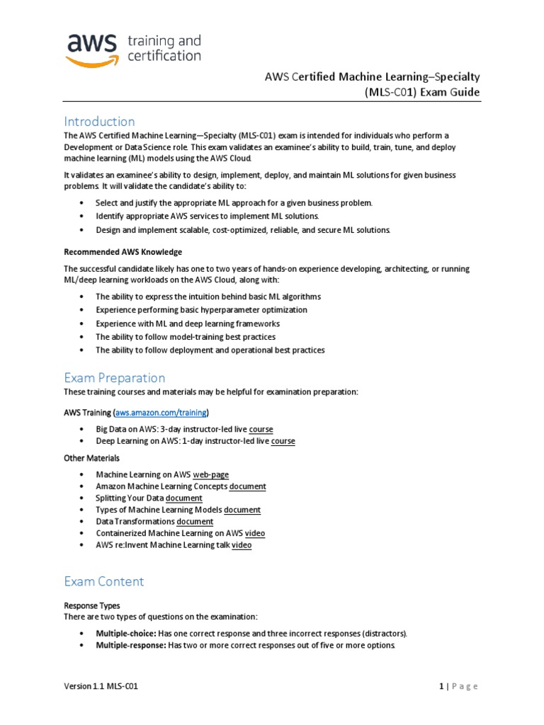 AWS Certified Machine Learning - Specialty - Exam Guide | PDF | Machine ...