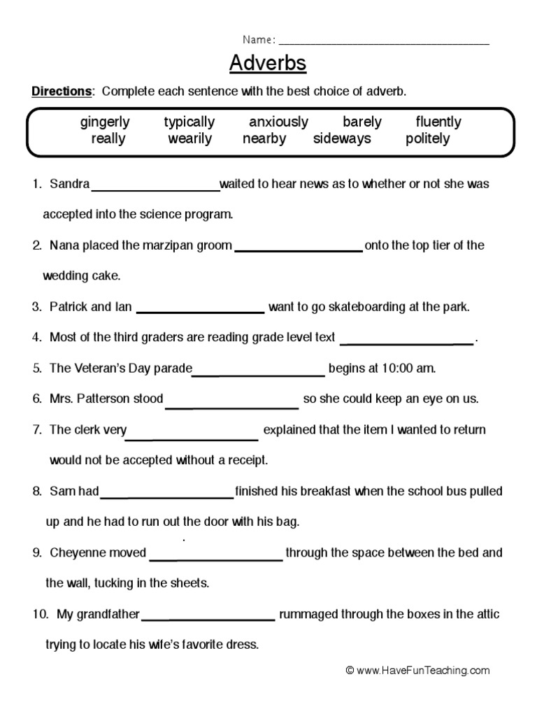 Adverb Worksheet 1 | PDF