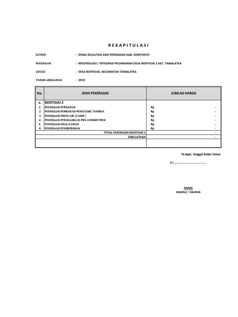 Contoh Bill of Quantity Proyek Bontojai | PDF