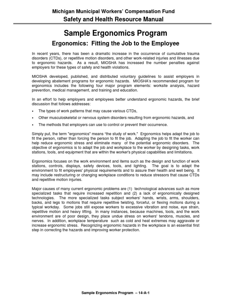 Sample Ergonomics Program: Safety and Health Resource Manual | PDF ...
