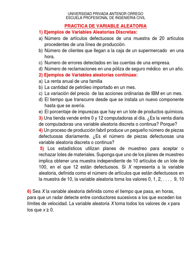 Practica de Variable Aleatoria 1) Ejemplos de Variables Aleatorias Discretas | PDF ...