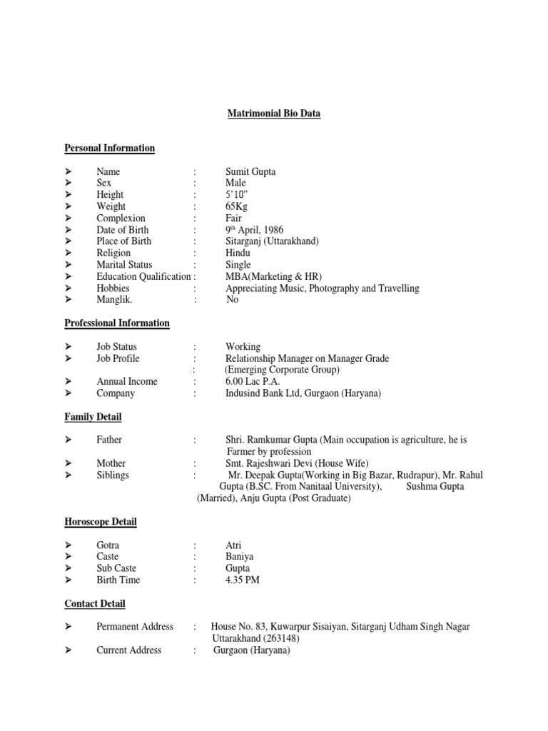 Bio Data Sumit | PDF