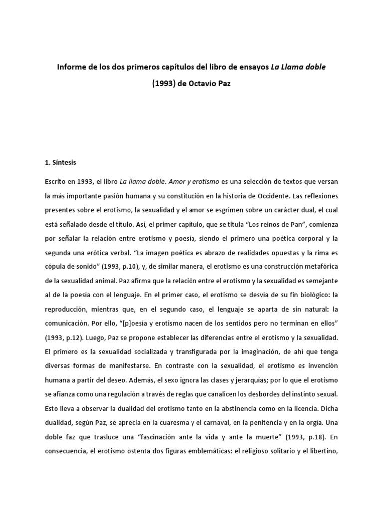 Informe de Los Dos Primeros Capítulos Del Ensayo La Llama Doble de ...