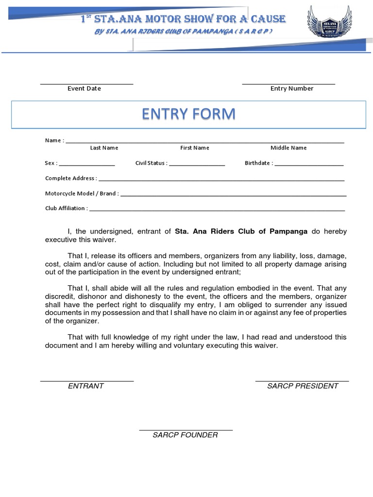 Sta. Ana Motor Show Entry Form | PDF | Law