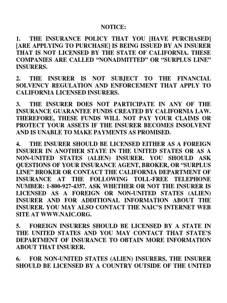 D-1 CA Surplus Lines Form | PDF | Insurance Broker | Insurance