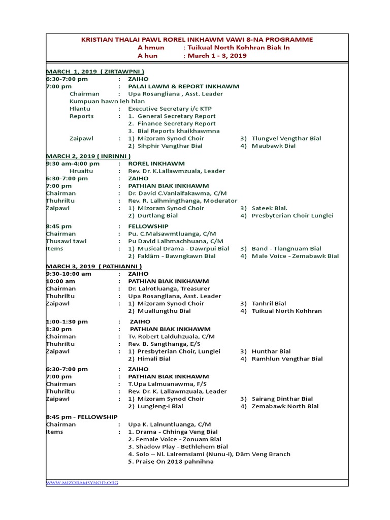 KTP Rorel Inkhawm 2019 Programme PDF | PDF | Leisure
