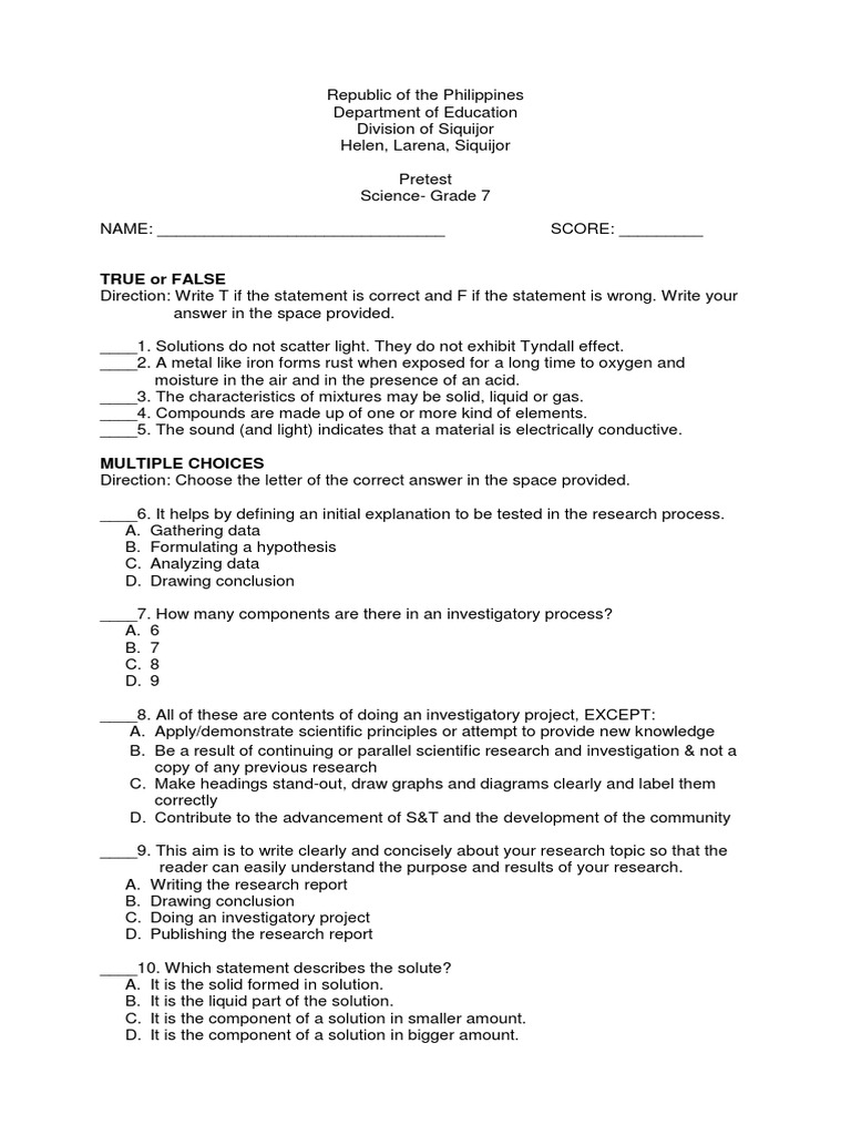 Pretest Science 7 | PDF | Carbon | Chemical Substances