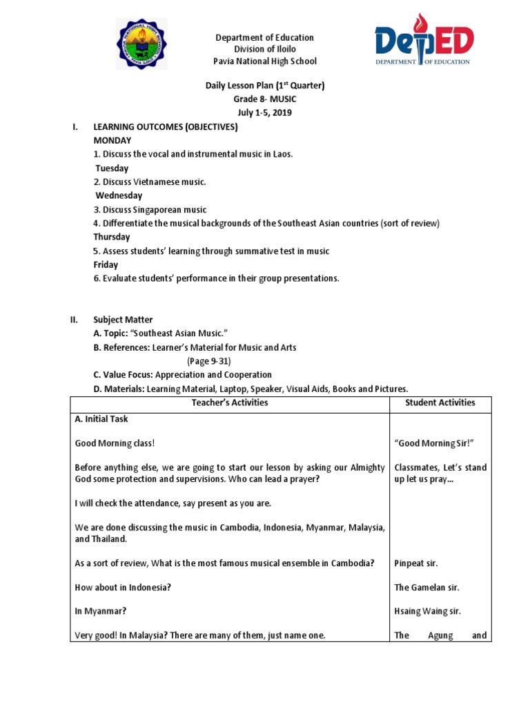 Grade 8 Southeast Asian Music Plan | PDF | Southeast Asia | Lesson Plan