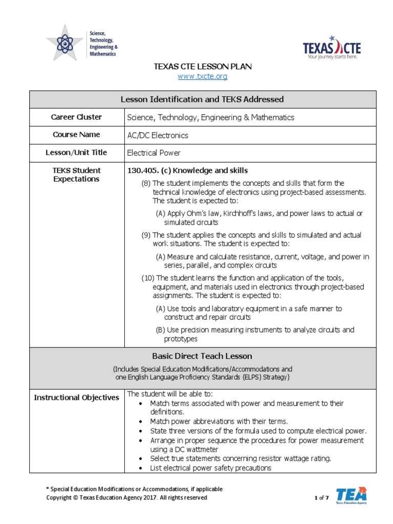 Lesson Plan STEM - ACDC Electronics - Electrical Power - 1 | PDF ...
