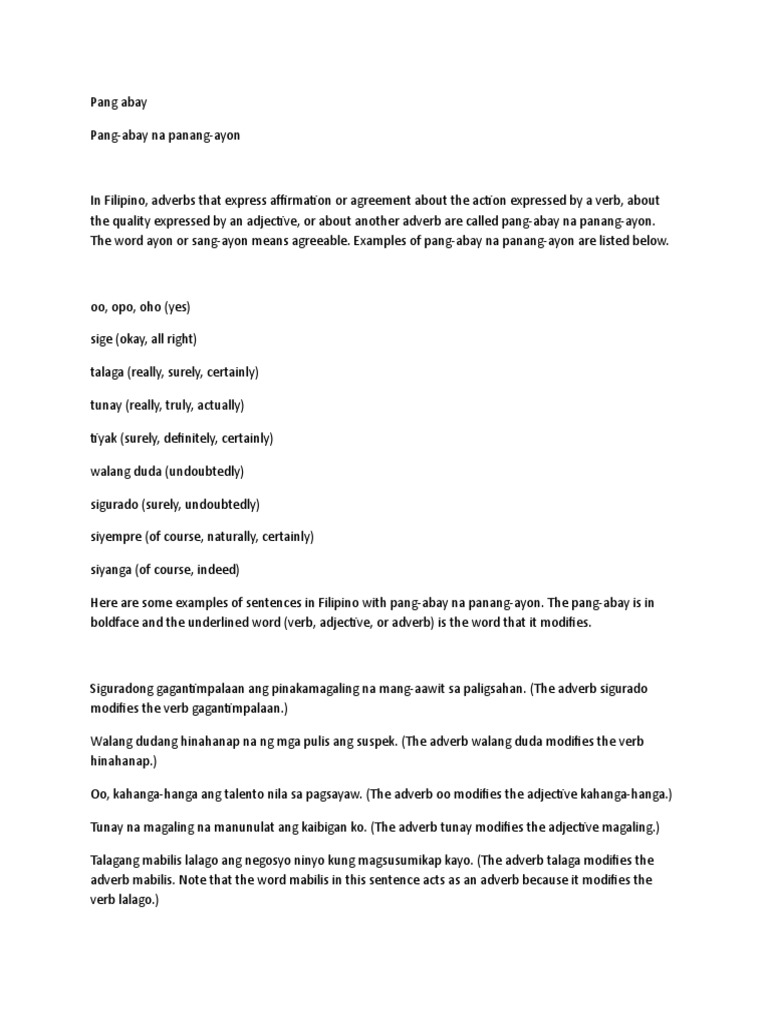 Classification and Examples of Pang-abay (Adverbs) in Filipino that ...