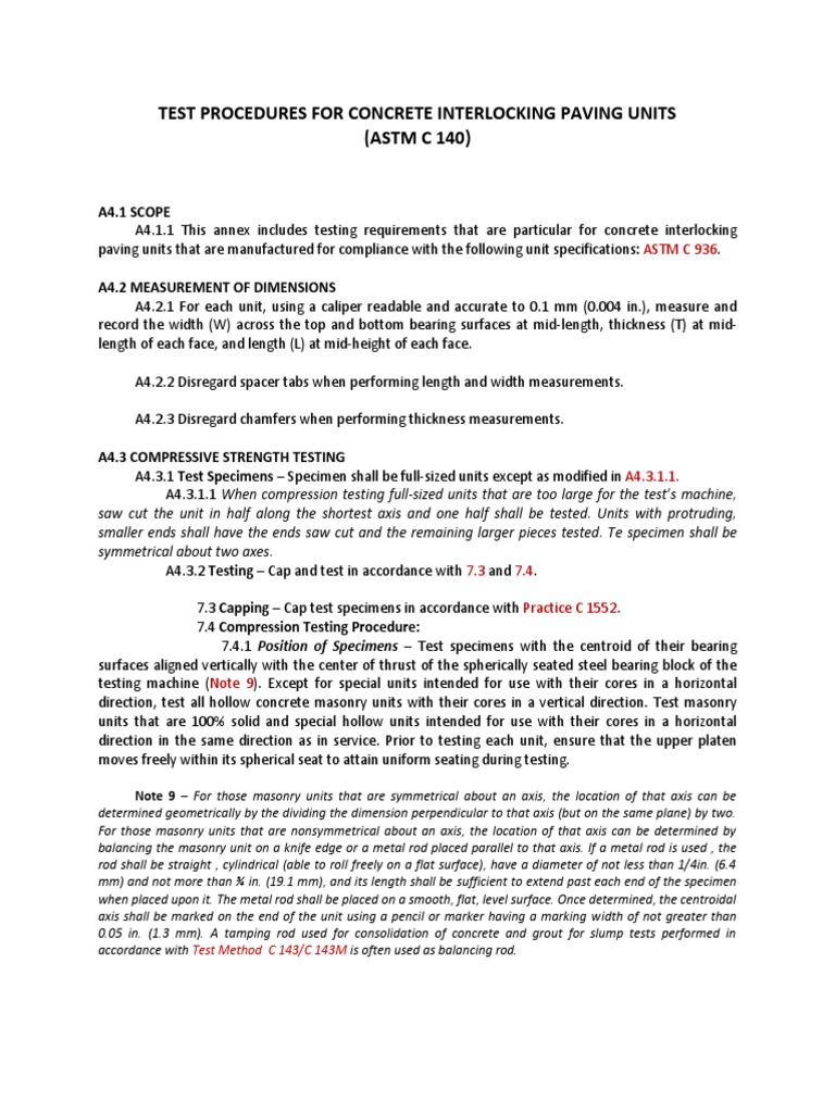 Test Procedures For Concrete Interlocking Paving Units Astm C 140 | PDF ...