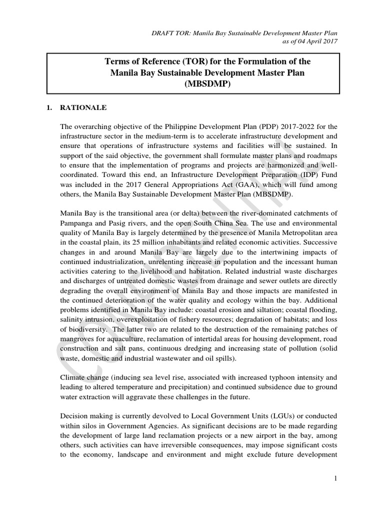 DRAFT TOR Manila Bay Sustainable Master Plan Final | PDF | Strategic Planning | Economic Development