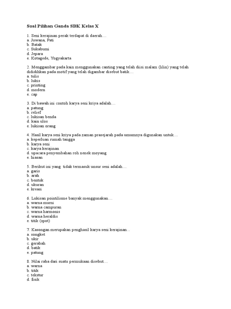 Soal Pilihan Ganda SBK Kelas X | PDF | Seni
