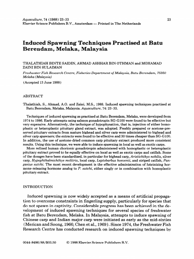 Induced Spawning Techniques Practised at Batu Berendam, Melaka ...
