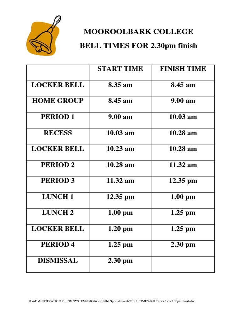 Bell Times For A 2.30pm Finish | PDF