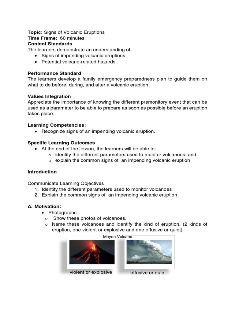 Signs of Volcanic Eruptions Lesson Plan | PDF | Volcano | Lesson Plan