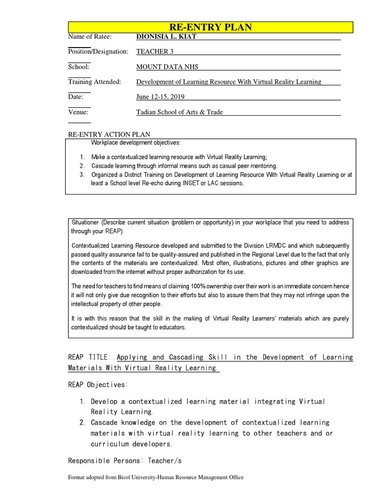 Re Entry Action Plan | Educational Psychology | Learning