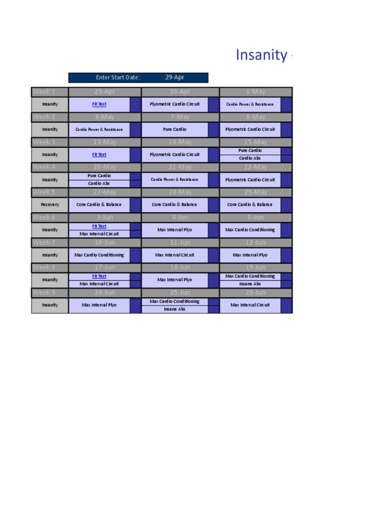 Insanity Workout Calendar & Fit Test | PDF | Recreation | Management Of ...