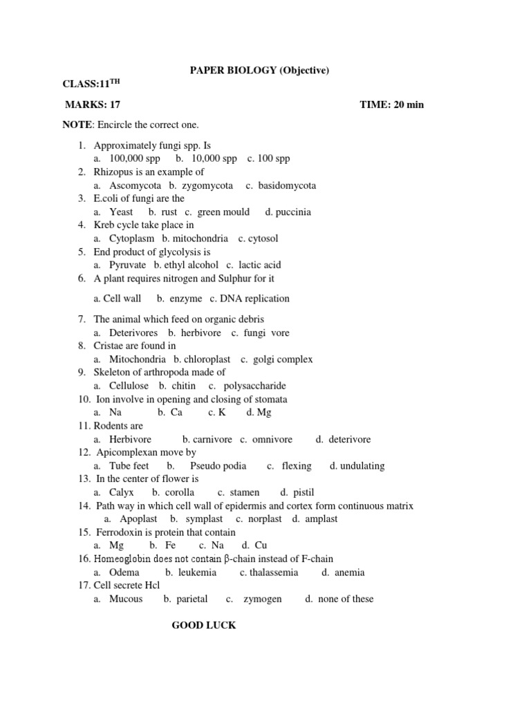 PAPER BIOLOGY (Objective) CLASS:11 Marks: 17 Time: 20 Min | PDF