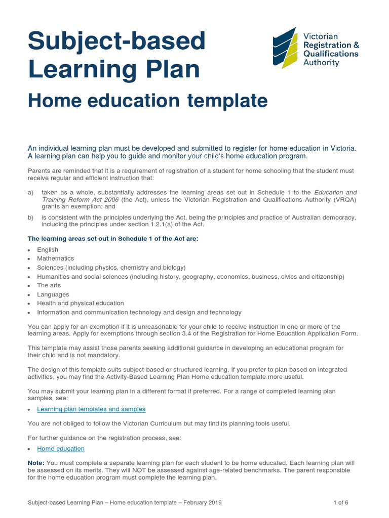 Subject-Based Learning Plan: Home Education Template | PDF ...