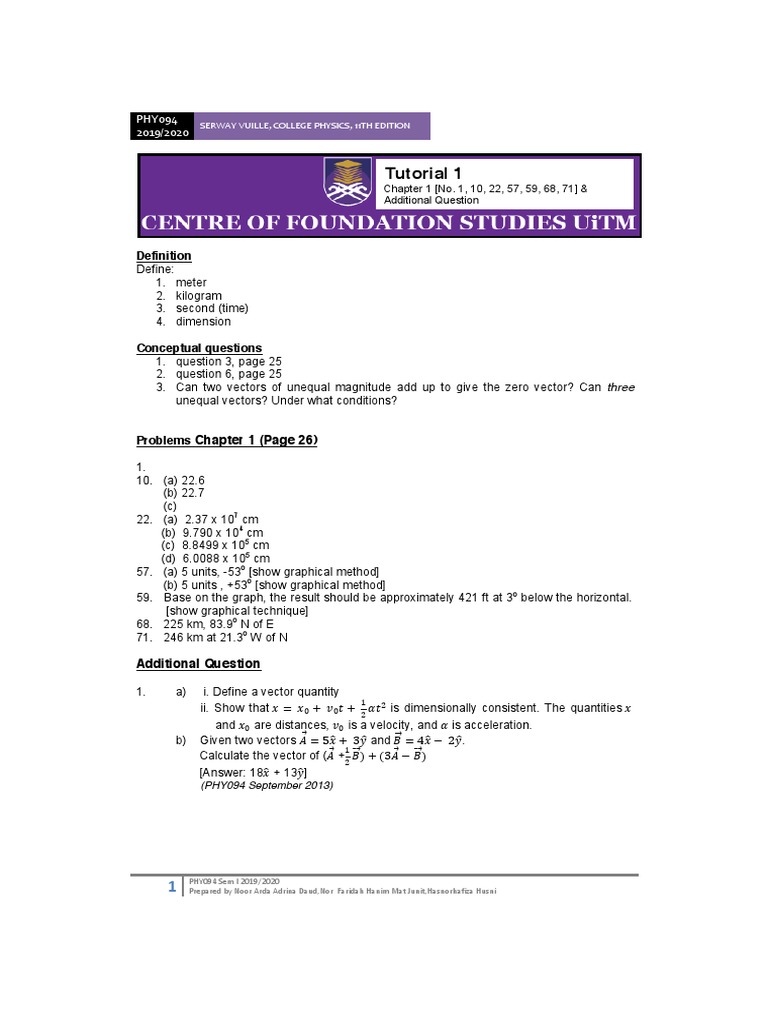 1.0 Phy094 - Tutorial 1 - Student PDF | PDF