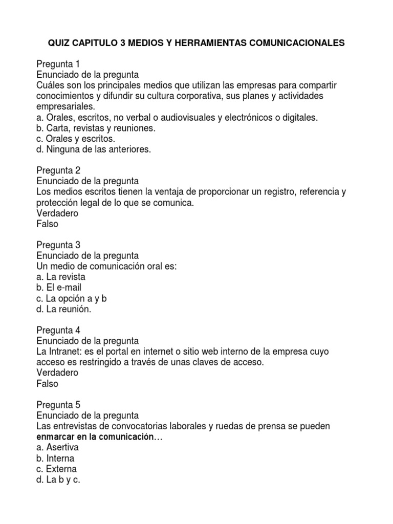 Cuestionario Capitulo 3 Medios y Herramientas Comunicacionales | PDF ...