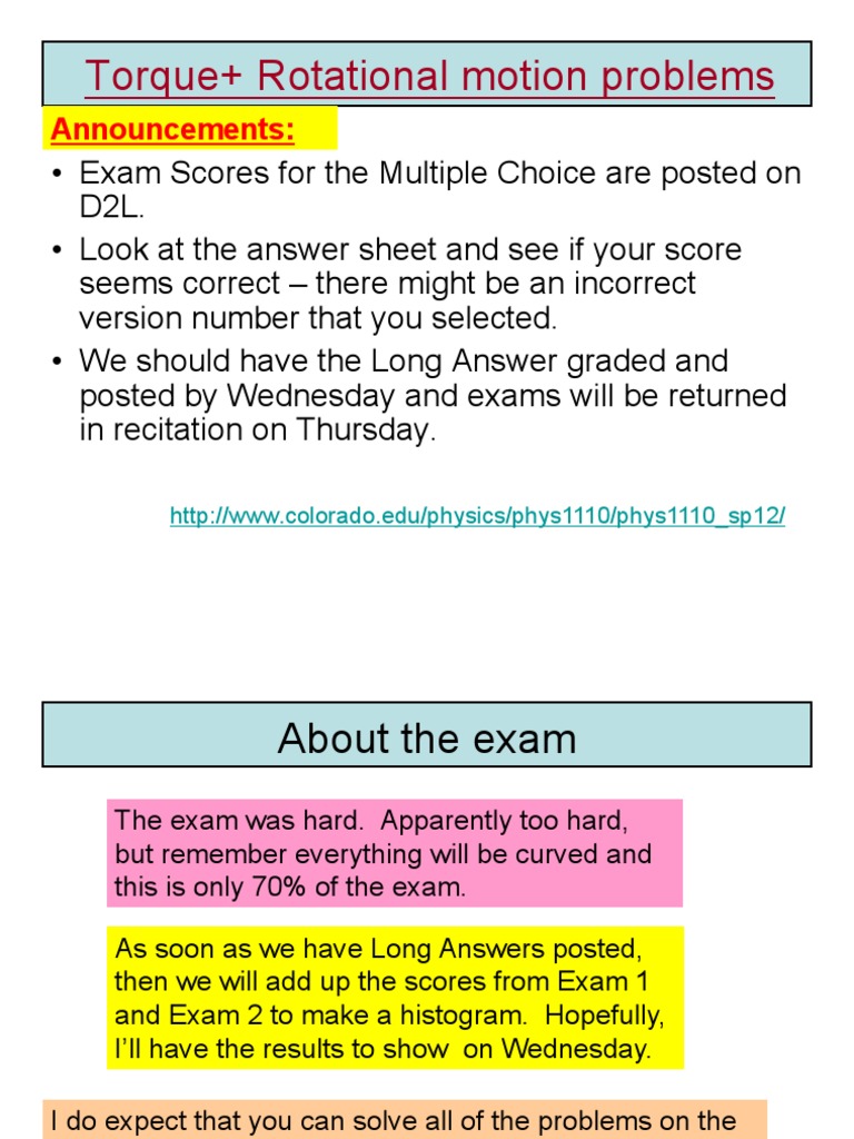 Torque+ Rotational Motion Problems: Announcements | PDF | Rotation Around A Fixed Axis | Torque