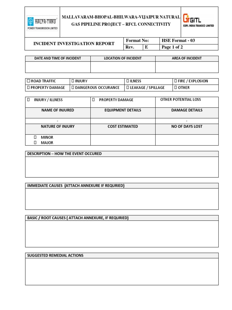 Incident Investigation Report Format No: HSE Format - 03 Rev. E Page 1 ...