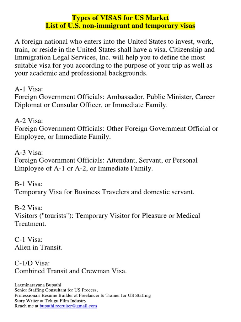 Types of VISAS For US Market List of U.S. Non-Immigrant and Temporary ...