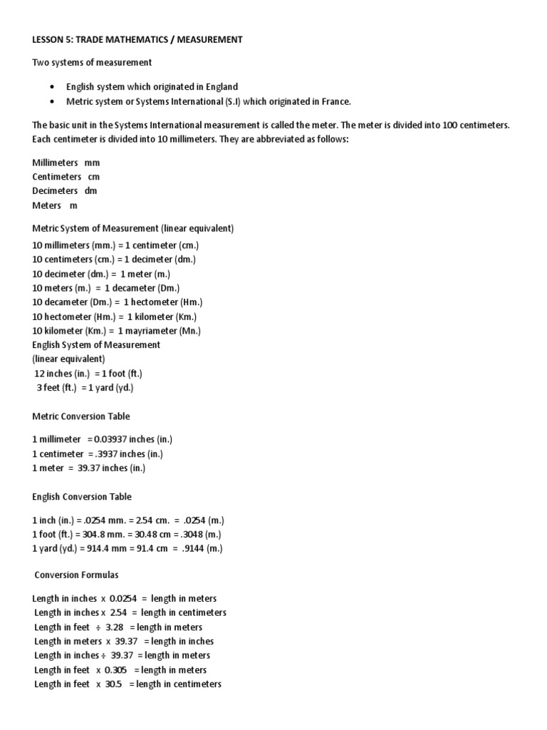 Lesson 5: Trade Mathematics / Measurement | PDF