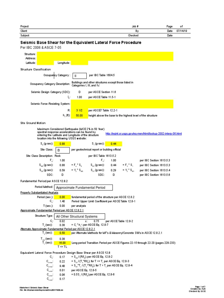 Seismic Base Shear Calculation Worksheet | PDF | Mechanics | Solid ...