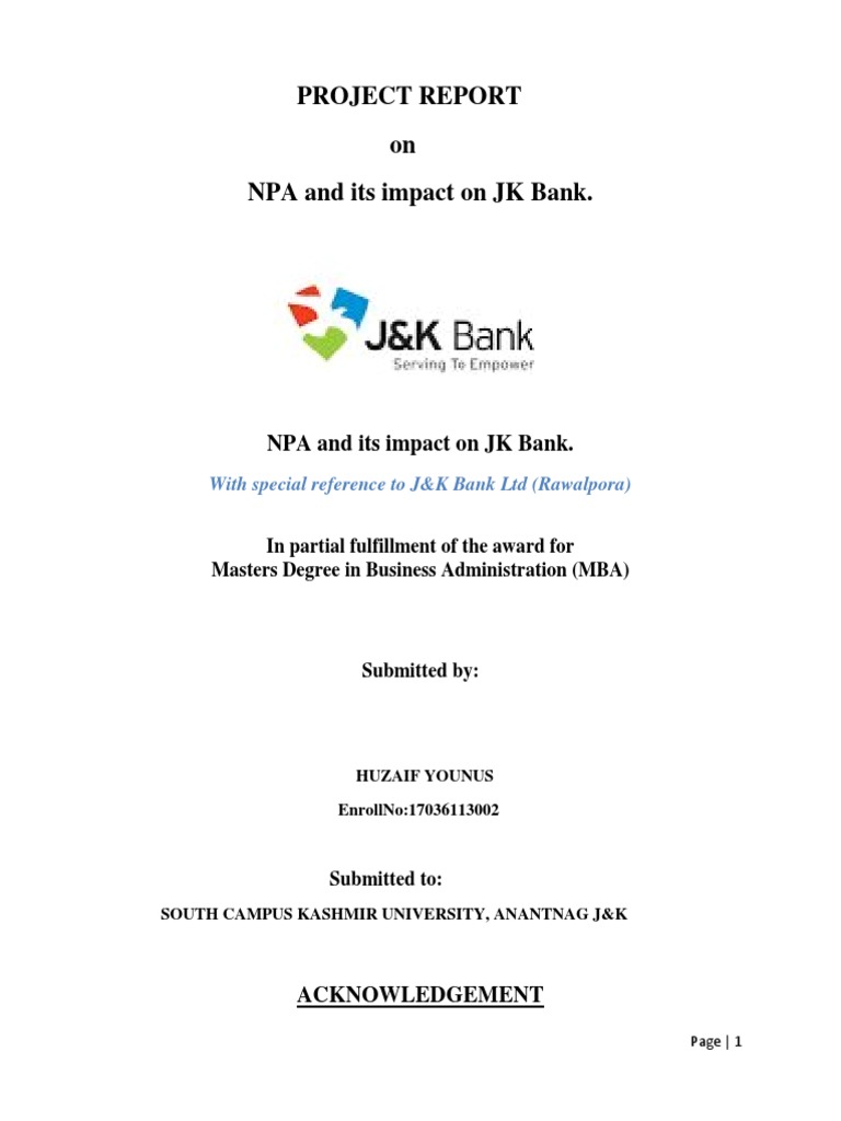 Project Report On NPA and Its Impact On JK Bank | PDF | Loans | Banks
