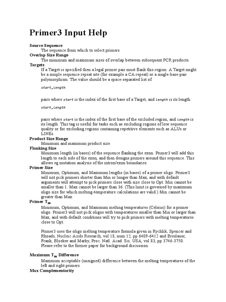 Primer3 Input Help: Start, Length Start Length Start, Length | PDF | Nucleic Acid Thermodynamics ...