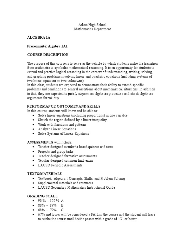 Algebra 1A Prerequisite: Algebra 1A1 Course Description | PDF