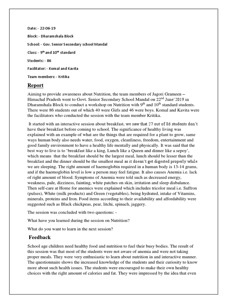 Report On Nutrition | Download Free PDF | Anemia | Nutrition