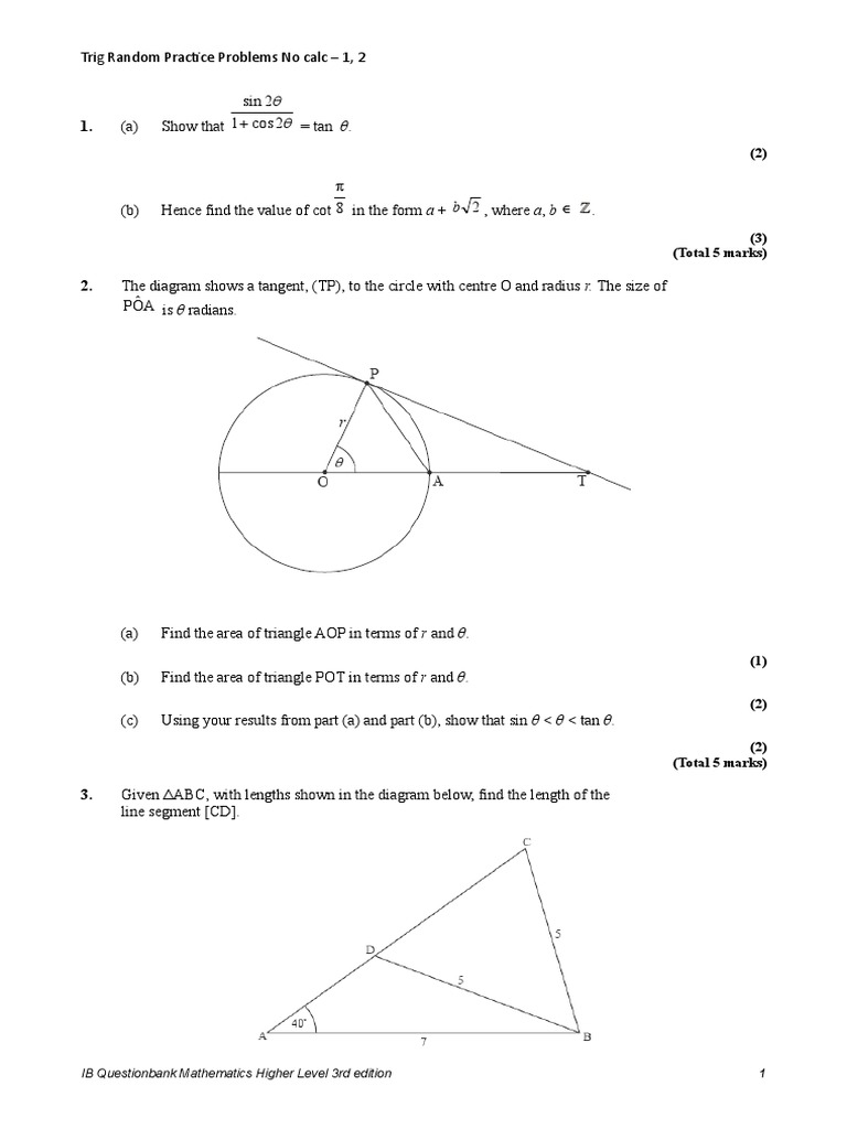 HL Year 1 Random Trig Practice Problems | PDF | Sine | Trigonometric ...