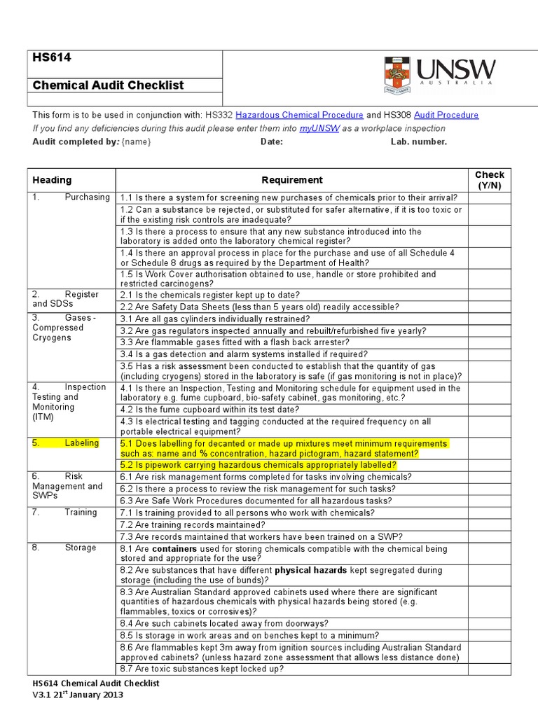 Chemical Audit Checklist for Labs | PDF | Personal Protective Equipment ...