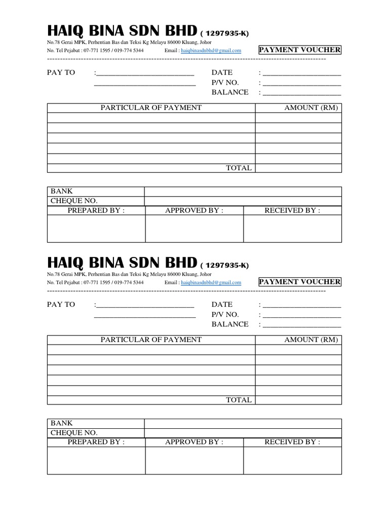 Haiq Bina SDN BHD: (1297935-K) Payment Voucher | PDF