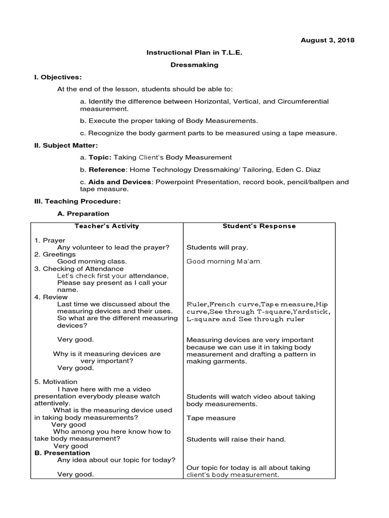 Lesson Plan in Body Measurement | PDF | Waist | Cognition