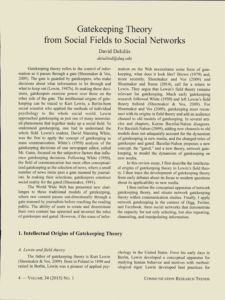 Deluliis, D. - Gatekeeping, Theory Fron Social Fields To Social ...