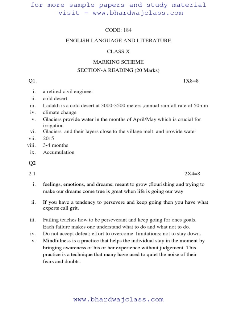 CODE: 184 English Language and Literature Class X | PDF